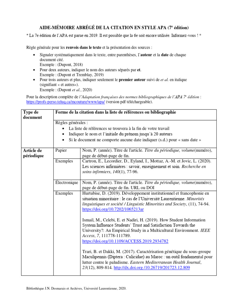 Style APA 7e - Tableau - 09-2020 | PDF | Style APA