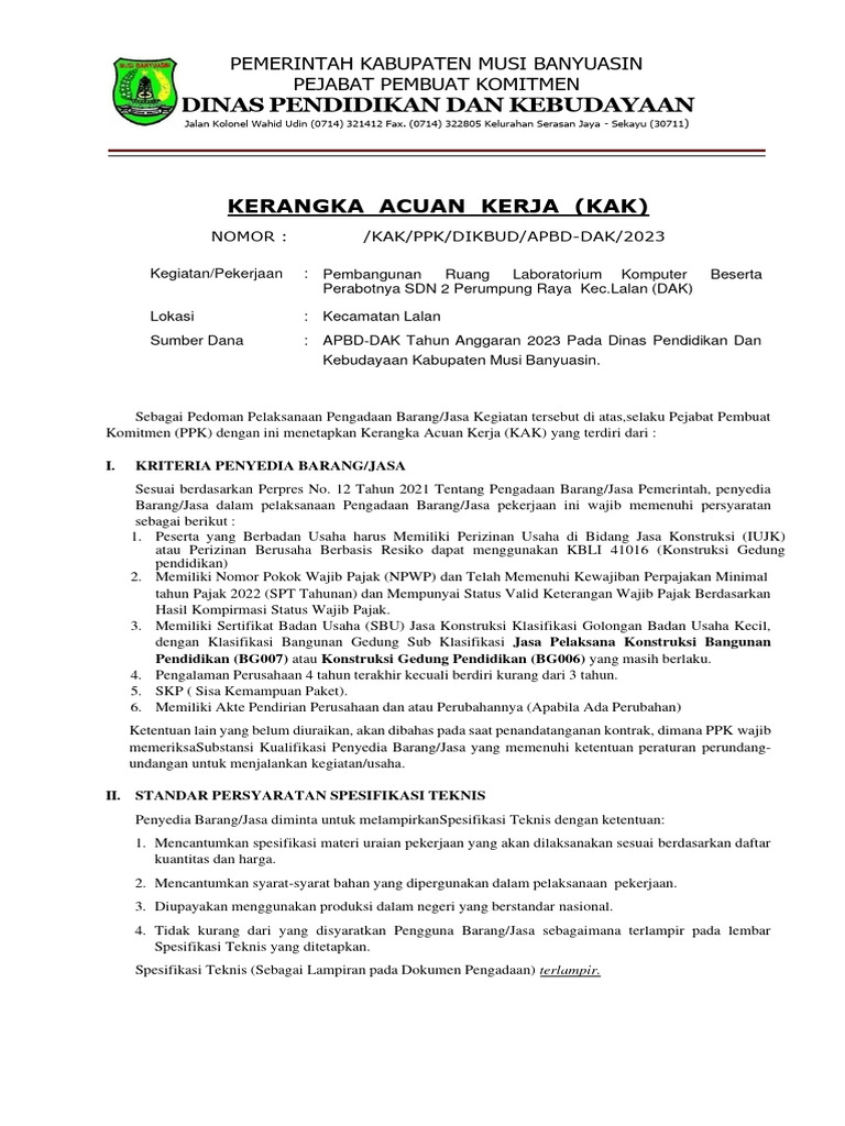 KAK Pemb. Ruang Lab. Komputer SDN 2 Perumpung Raya | PDF | Griya ...