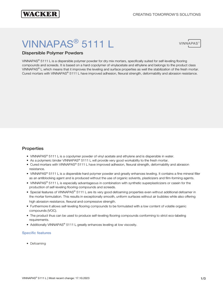 VINNAPAS 5111 L en 2023.10.17 | PDF | Polymers | Mortar (Masonry)