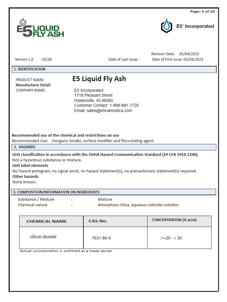 E5® Liquid Fly Ash SDS | PDF | Environmental Issues | Materials