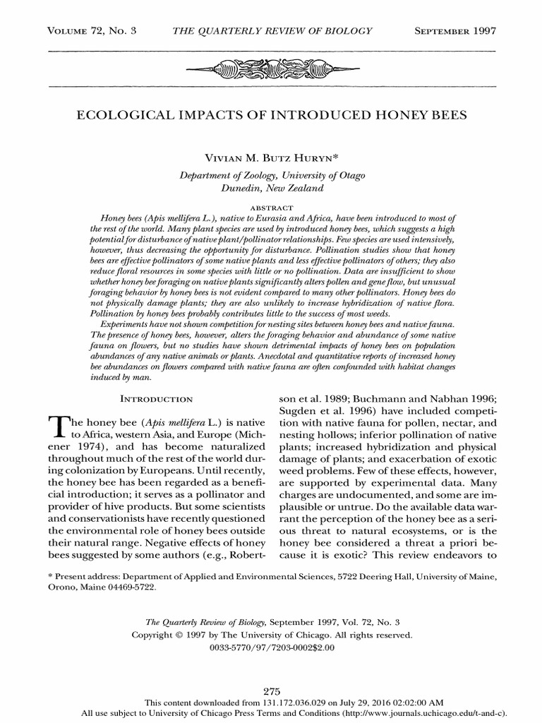 Ecological Impacts of Introduced Honey Bees | Download Free PDF ...