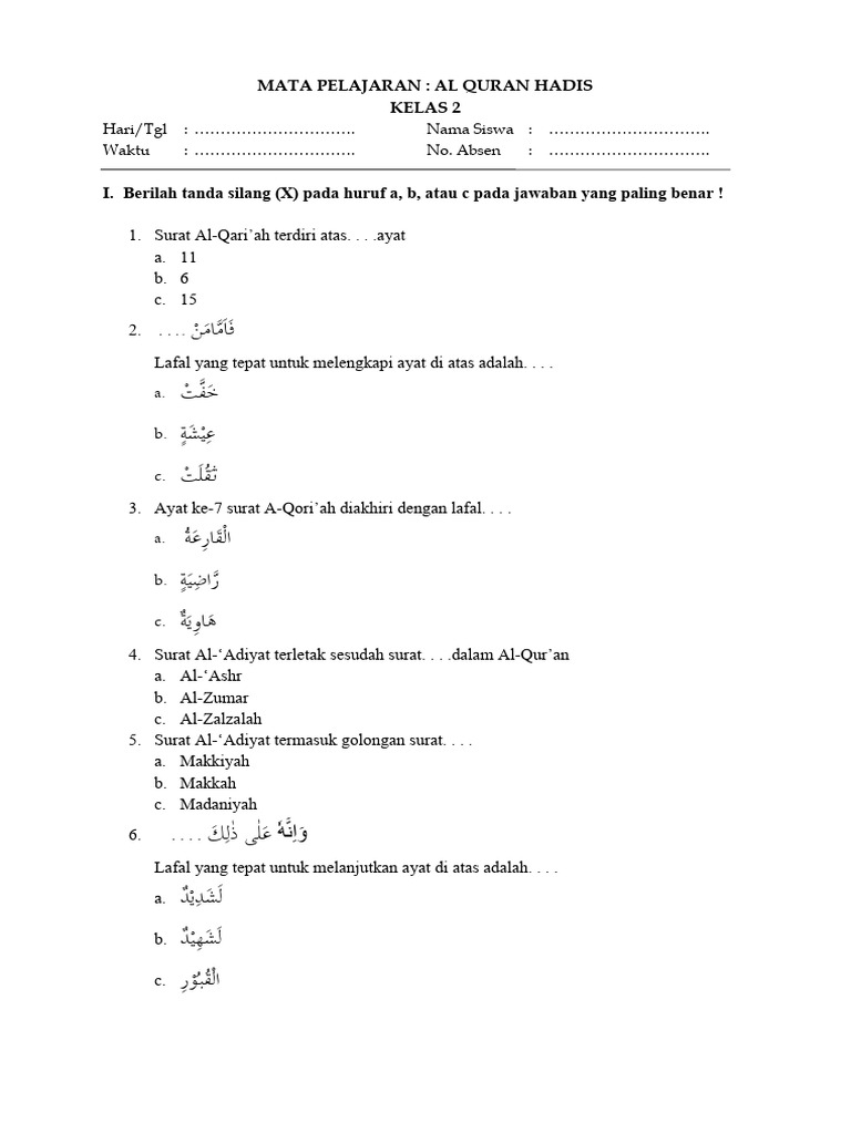 Soal Pat Qurdis Kelas 2 | PDF | Agama & Spiritualitas | Puisi