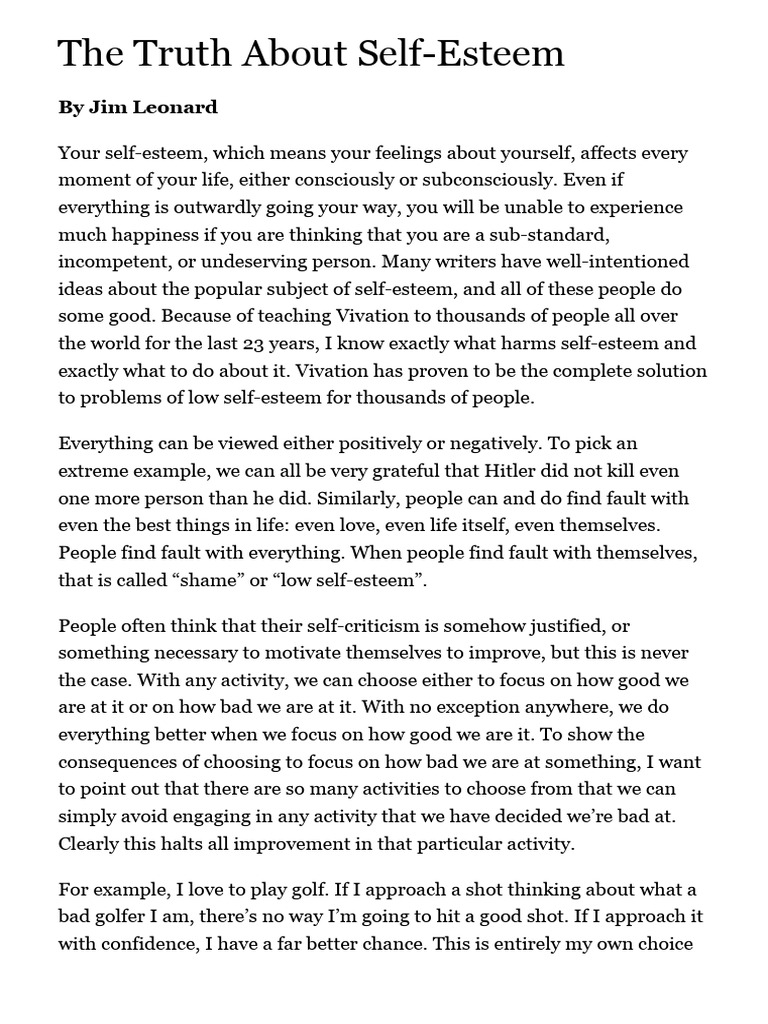 Jim Leonard - The Truth About Self-Esteem | PDF | Self Esteem | Experience