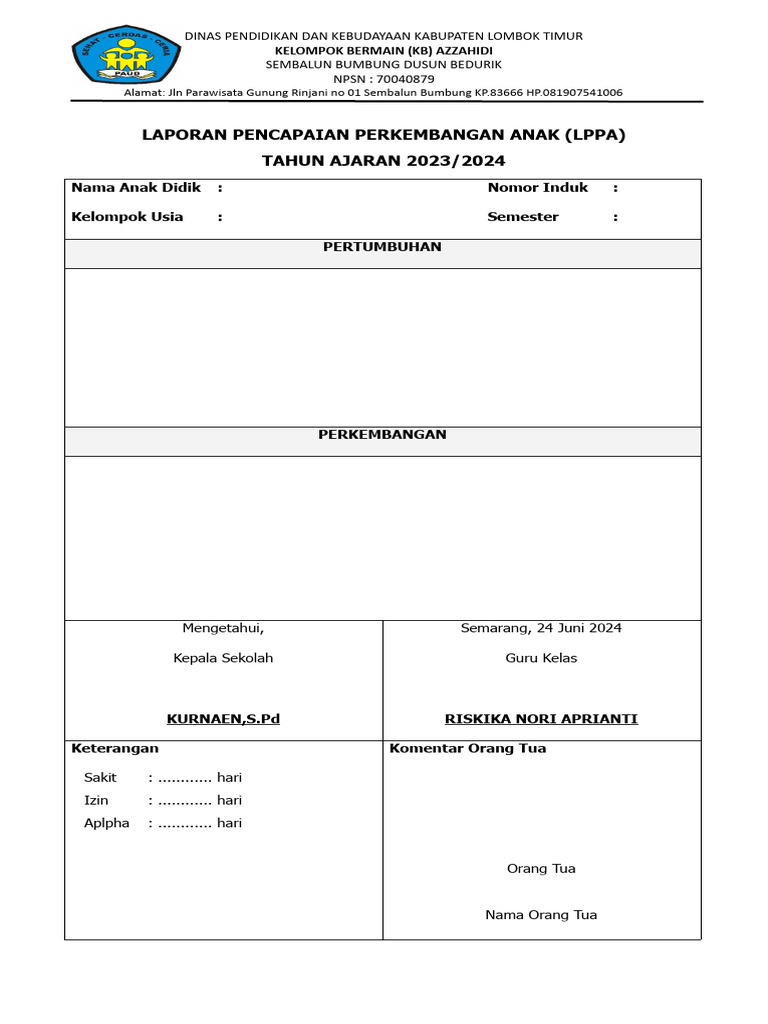 FORMAT LPPA PAUD LAPORAN PERKEMBANGAN ANAK | PDF