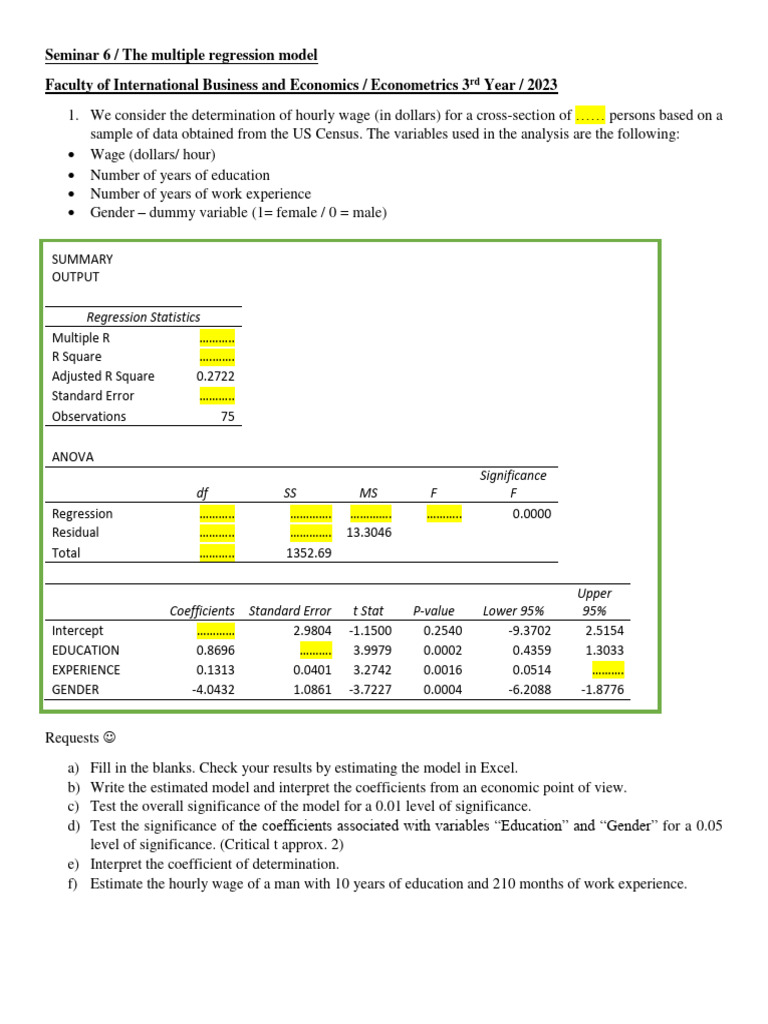 Seminar6 - Multiple Regression - 2023 | PDF | Errors And Residuals | Regression Analysis