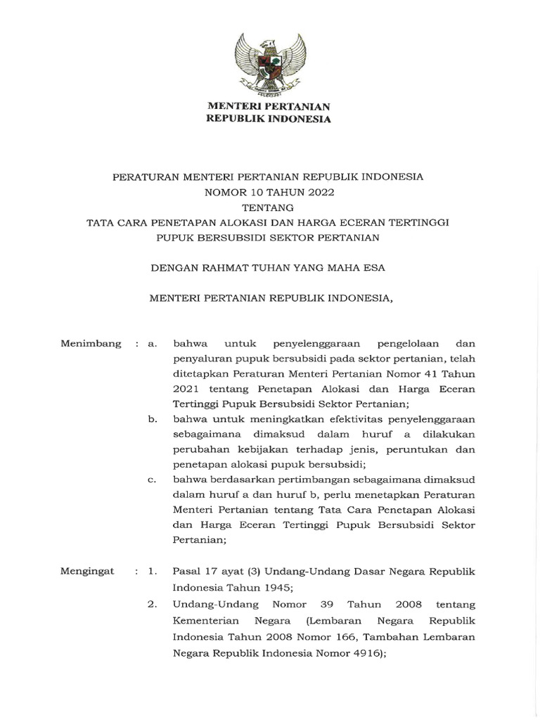 PERMENTAN 10 TAHUN 2022 - Tata Cara Penetapan Alokasi Dan HET TTD Basah ...
