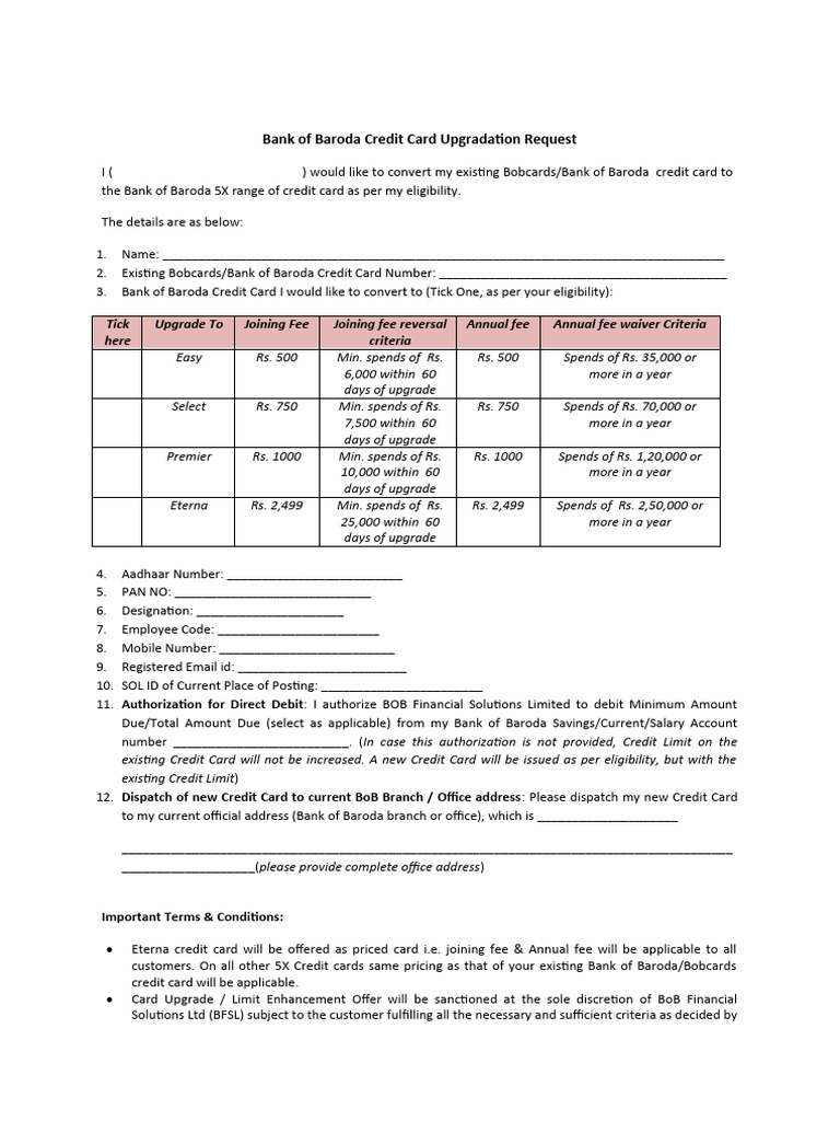 Credit Card Upgrade Form - BOB & BFSL Staff | PDF | Credit Card | Banks