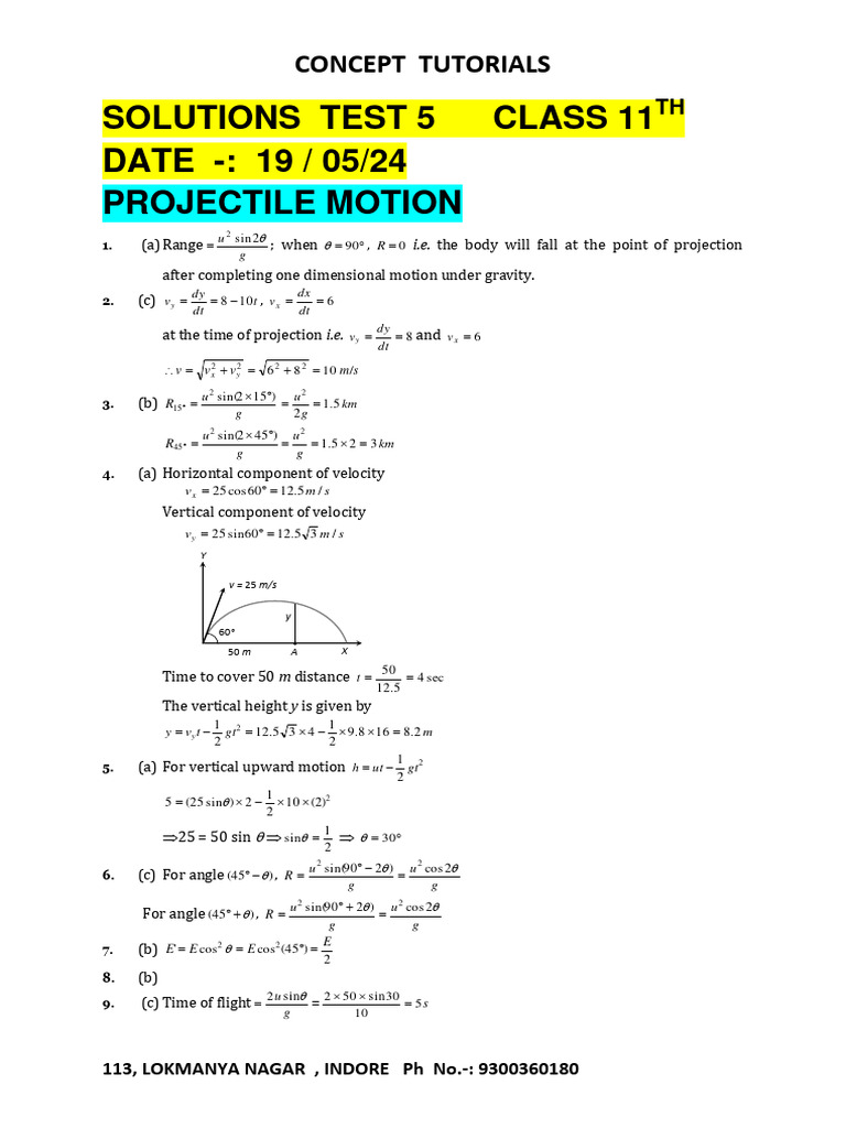 Class 11 Projectile Motion Test Solutions | PDF | Metrology | Physical ...