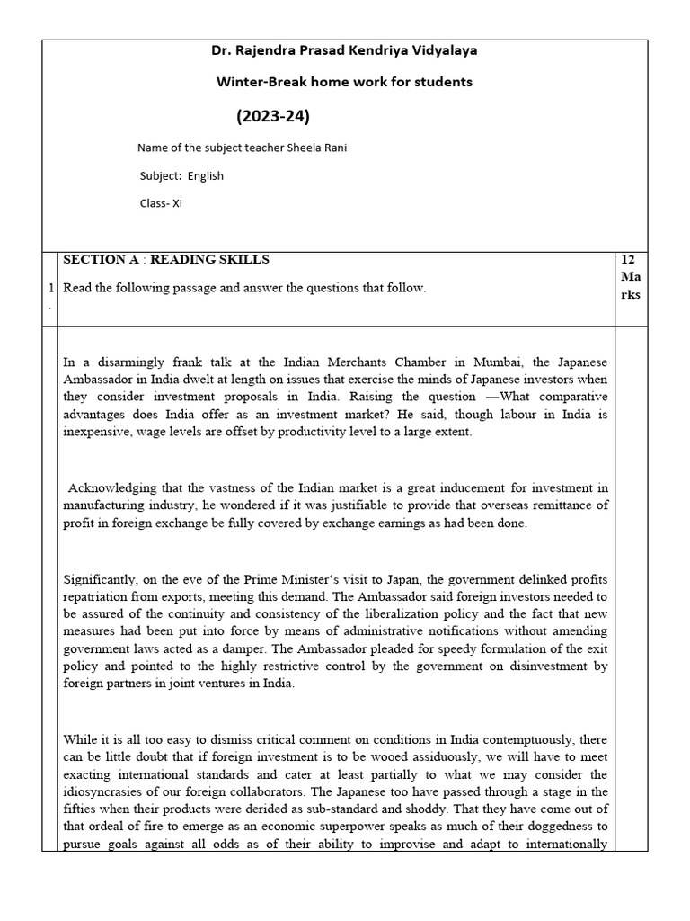 Winter Break HHW Class Xi English | PDF | Investing