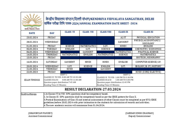Date Sheet For Annual Exam-2024-VI To IX & XI - 240131 - 182020 | PDF ...