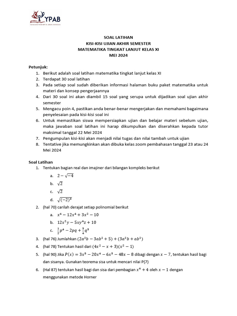Kisi-Kisi Matematika Klas Xi 2024 | PDF