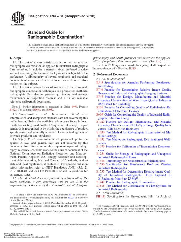 ASTM E94 - 04 (Reapproved 2010) | PDF | Radiography | X Ray