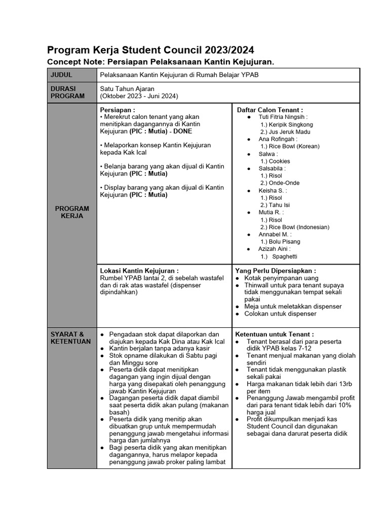 Concept Note - Student Council - Kantin Kejujuran YPAB | PDF