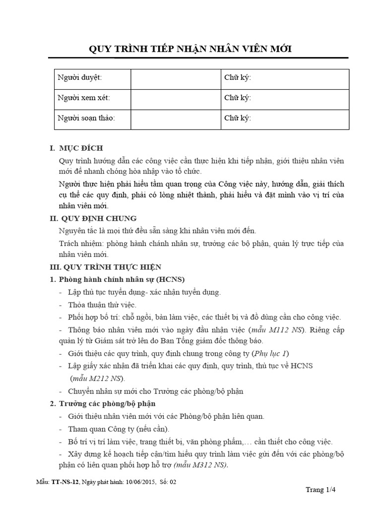 QUY TRINH TIEP NHAN NHAN VIEN MOI | PDF