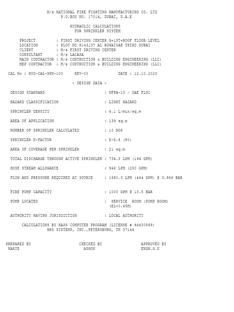 Hydraulic Calculation for Sprinkler System | PDF | Fire Sprinkler ...