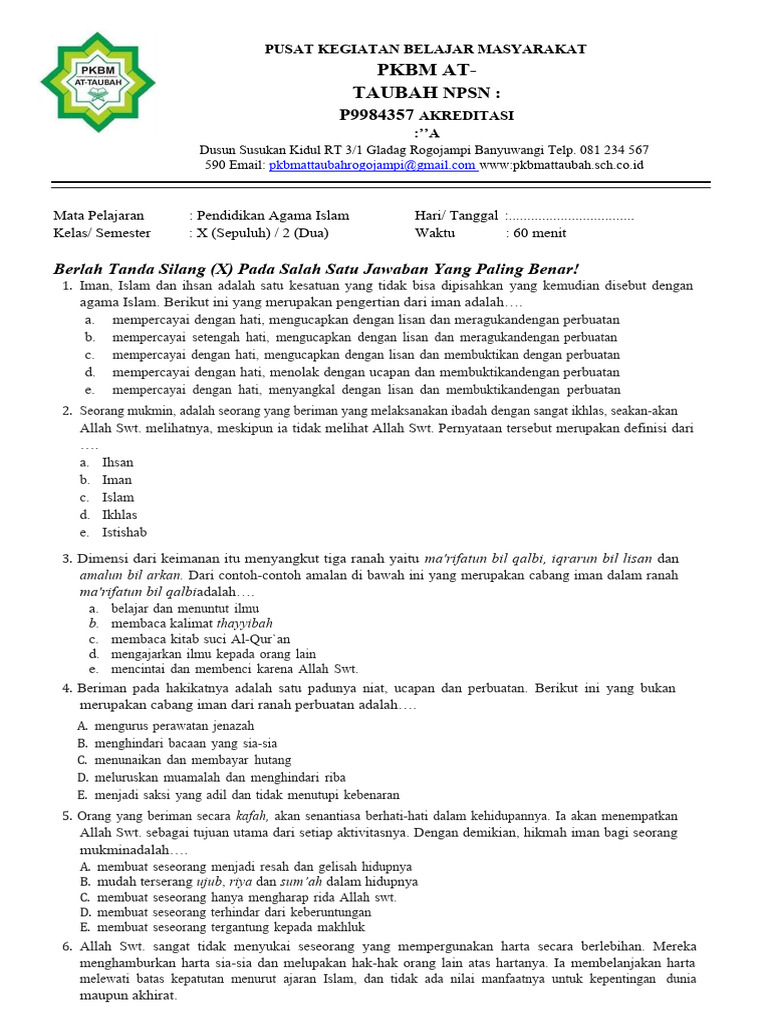 Soal Pai Kelas 10 SMR 2 | PDF