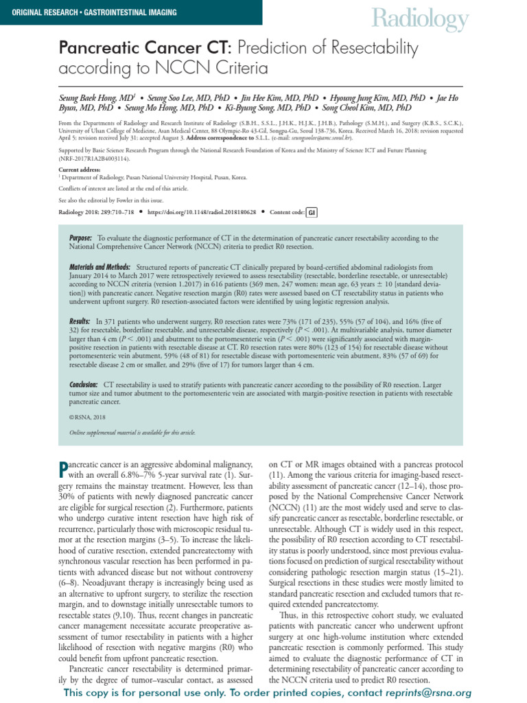 Pancreatic Cancer CT - Prediction of Resectability According To NCCN ...