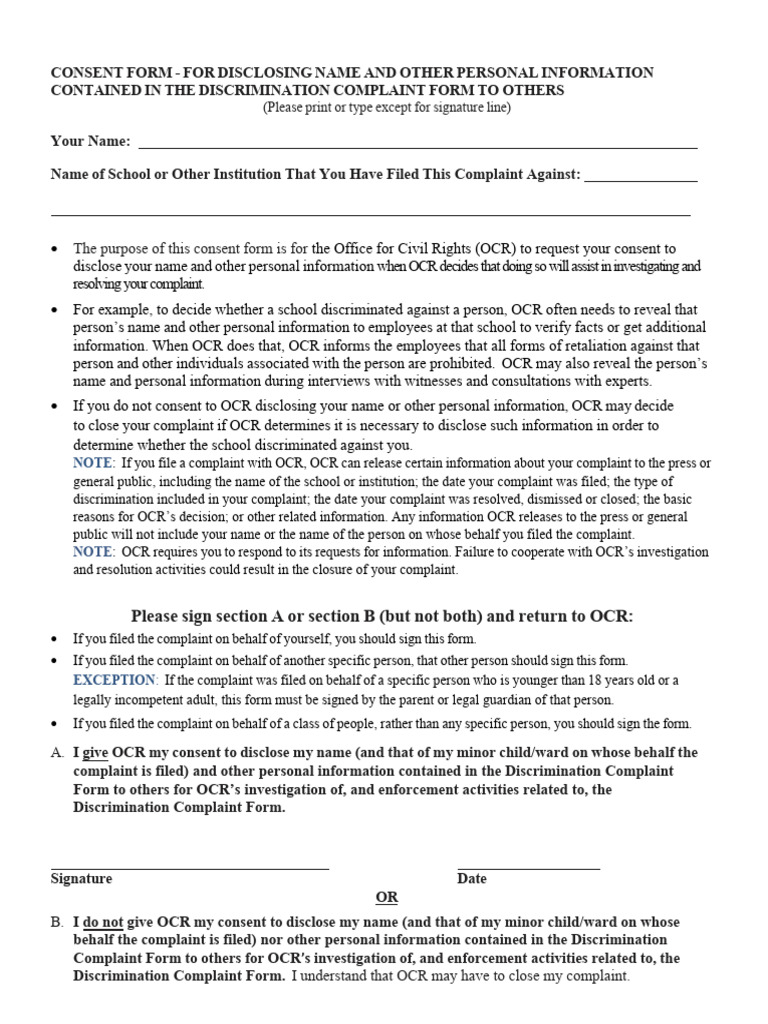 Ocr Complaint Consent Form | PDF | Complaint | Legal Guardian