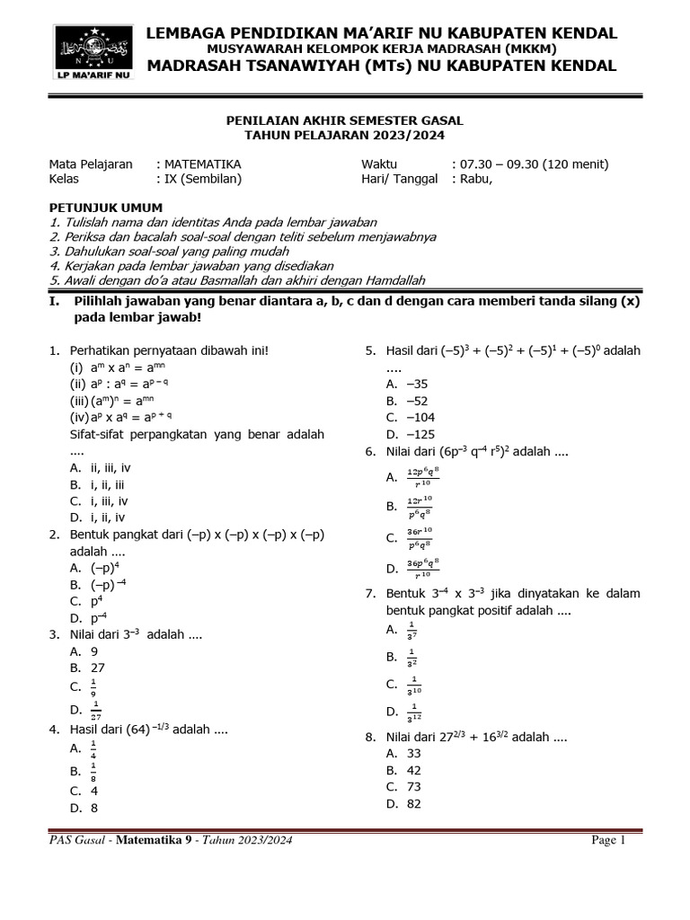 Soal PAS_MTK_Kelas 9_Ganjil 2023-2024 | PDF