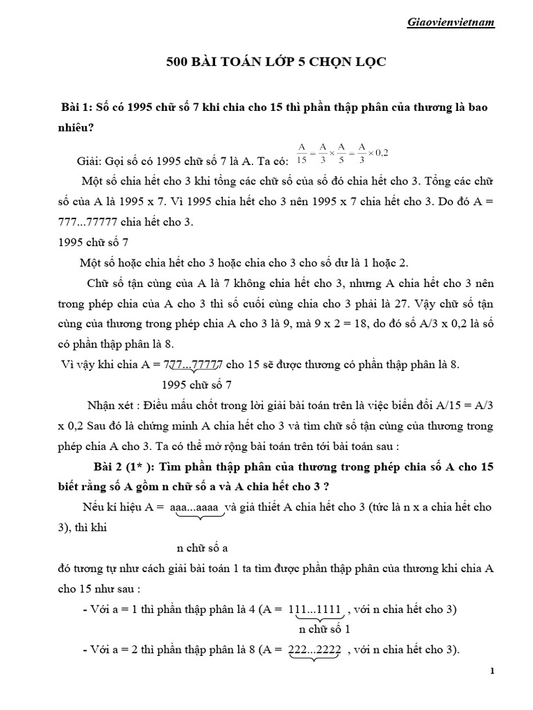 500 Bai Toan Nang Cao Lop 5 Co Loi Giai | PDF