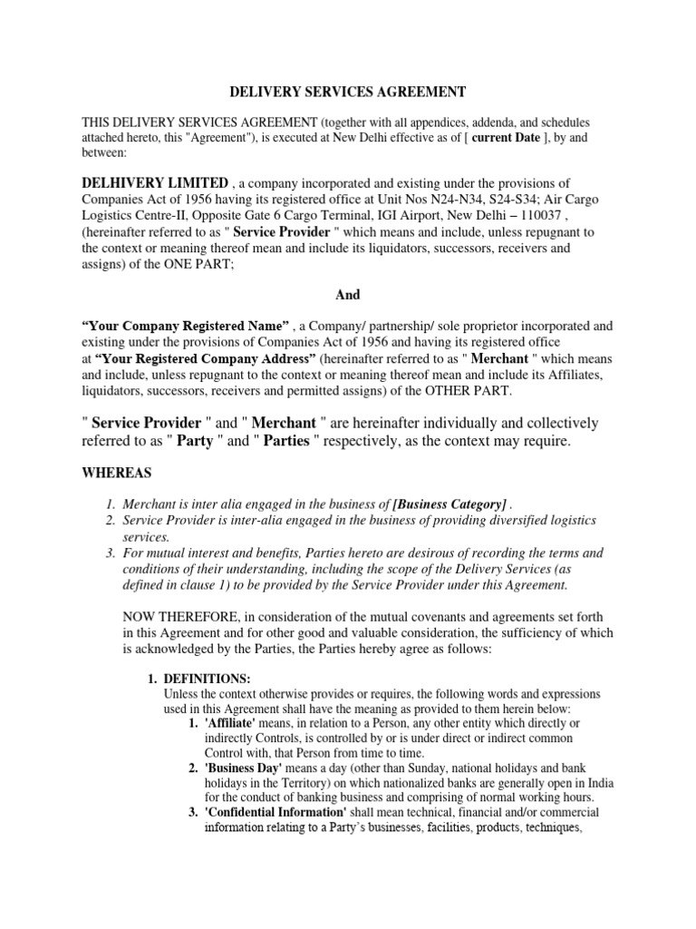 Delivery Services Agreement | PDF | Indemnity | Legal Liability