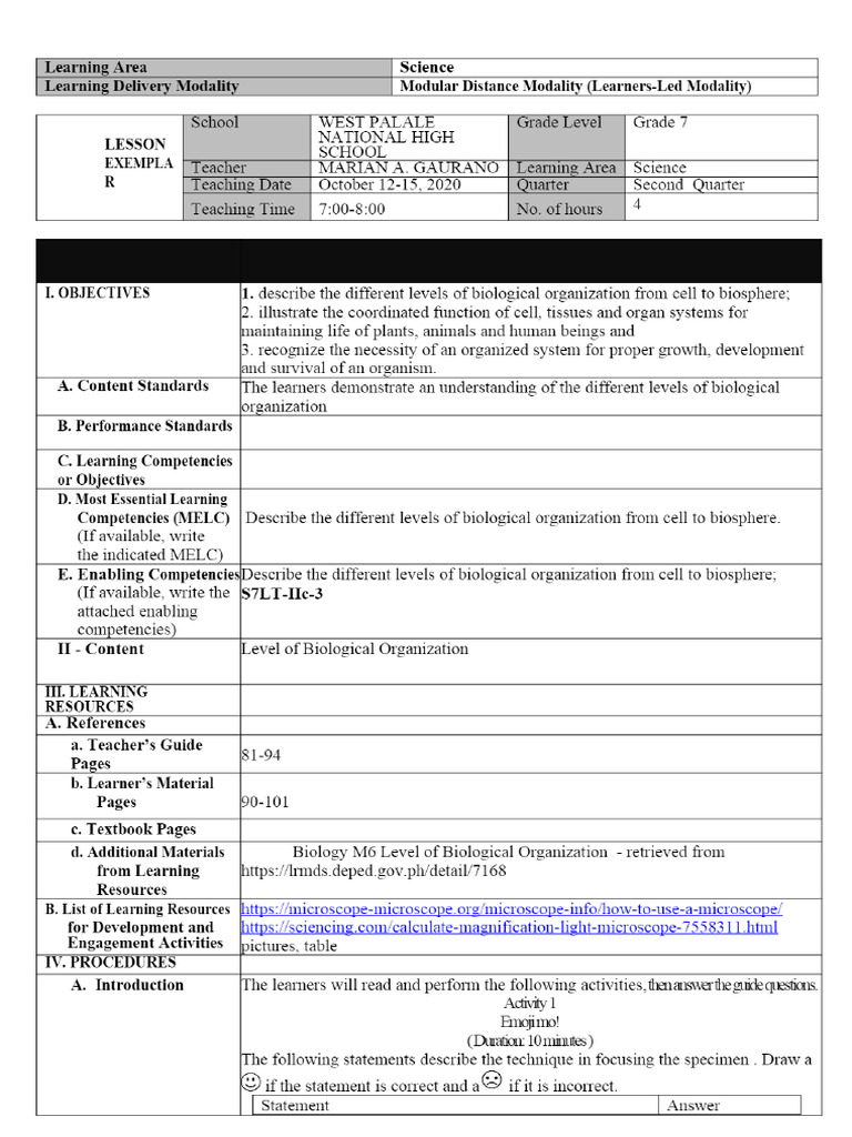 Science 7 Lesson Exemplar Biological Organization Q2 - TOAZ - Info | PDF