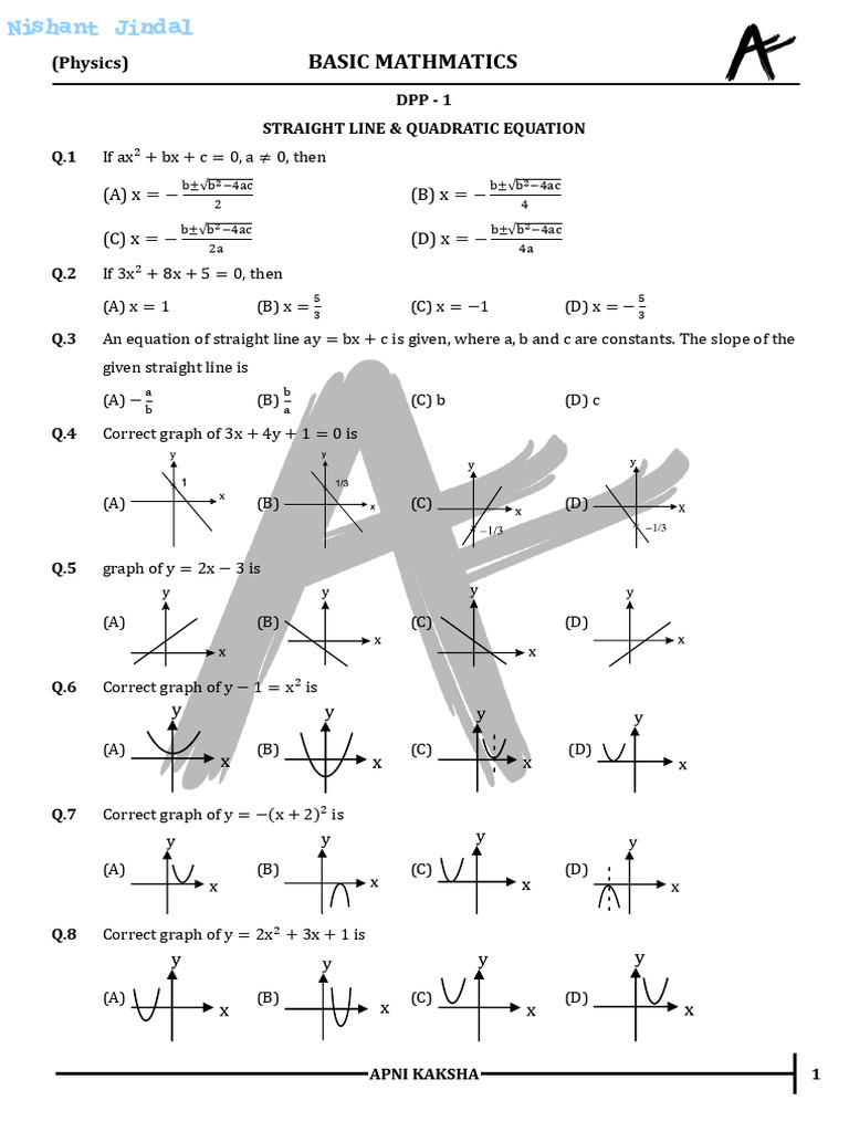 DPP 01 Basic Maths Straight Line & Quadratic Equa NJ247 | PDF | Physics | Mathematical Objects