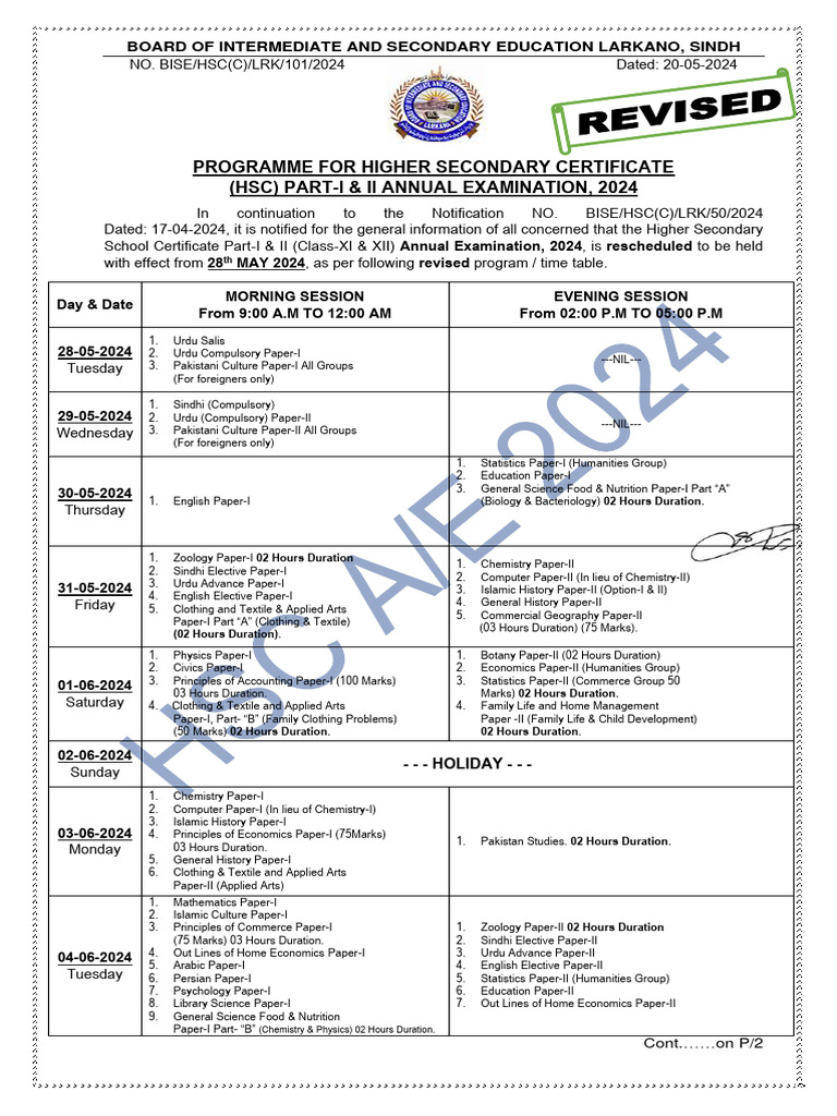 Rescheduled Time Table HSC 2024 | PDF