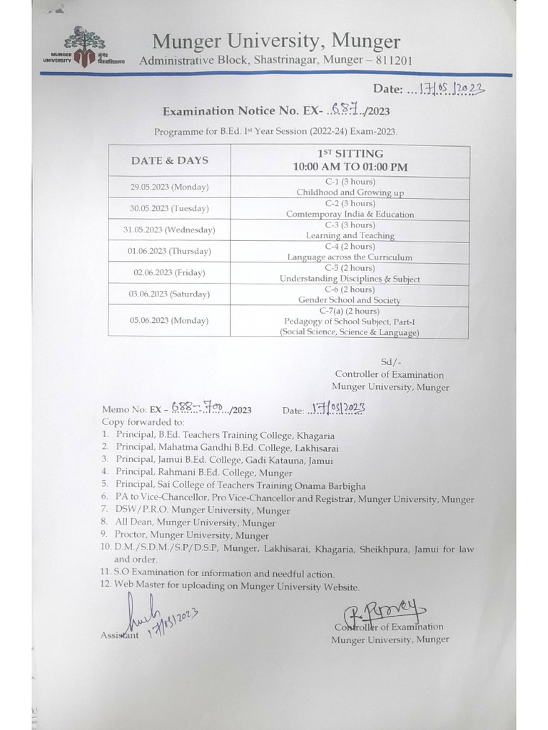 B Ed 1st Year Exam Program | PDF