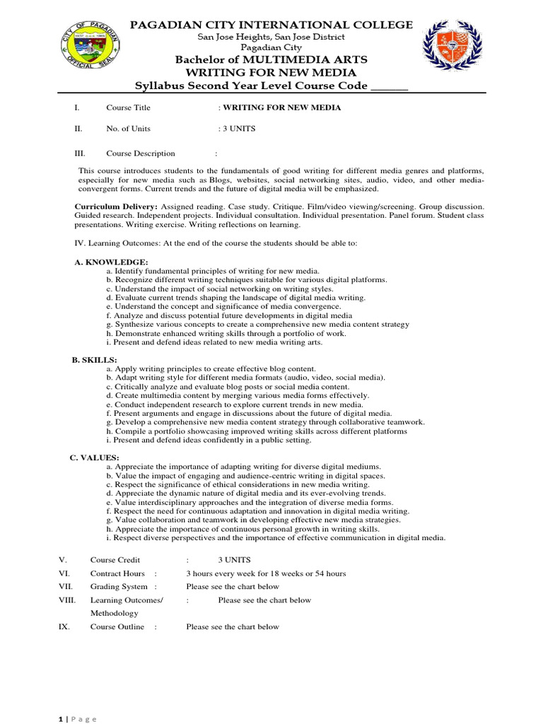 Pcic-Syllabus-Writing For New Media | PDF | New Media | Multimedia