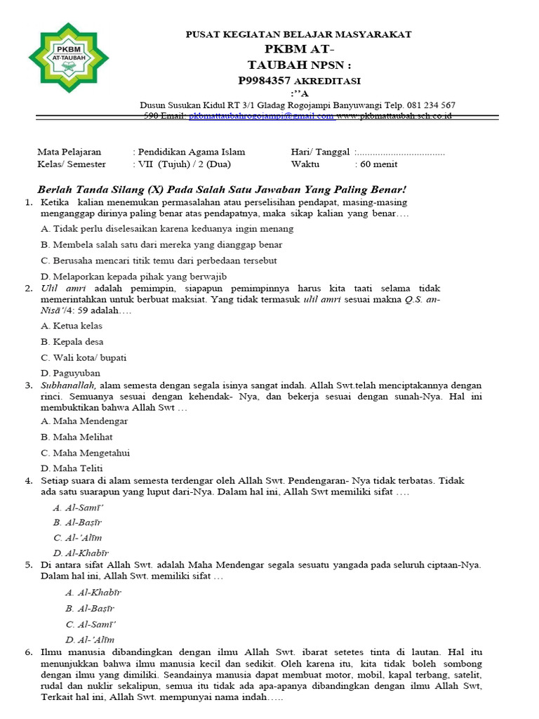 Soal Pai Kelas 7 SMR 2 | PDF | Perjalanan | Agama & Spiritualitas