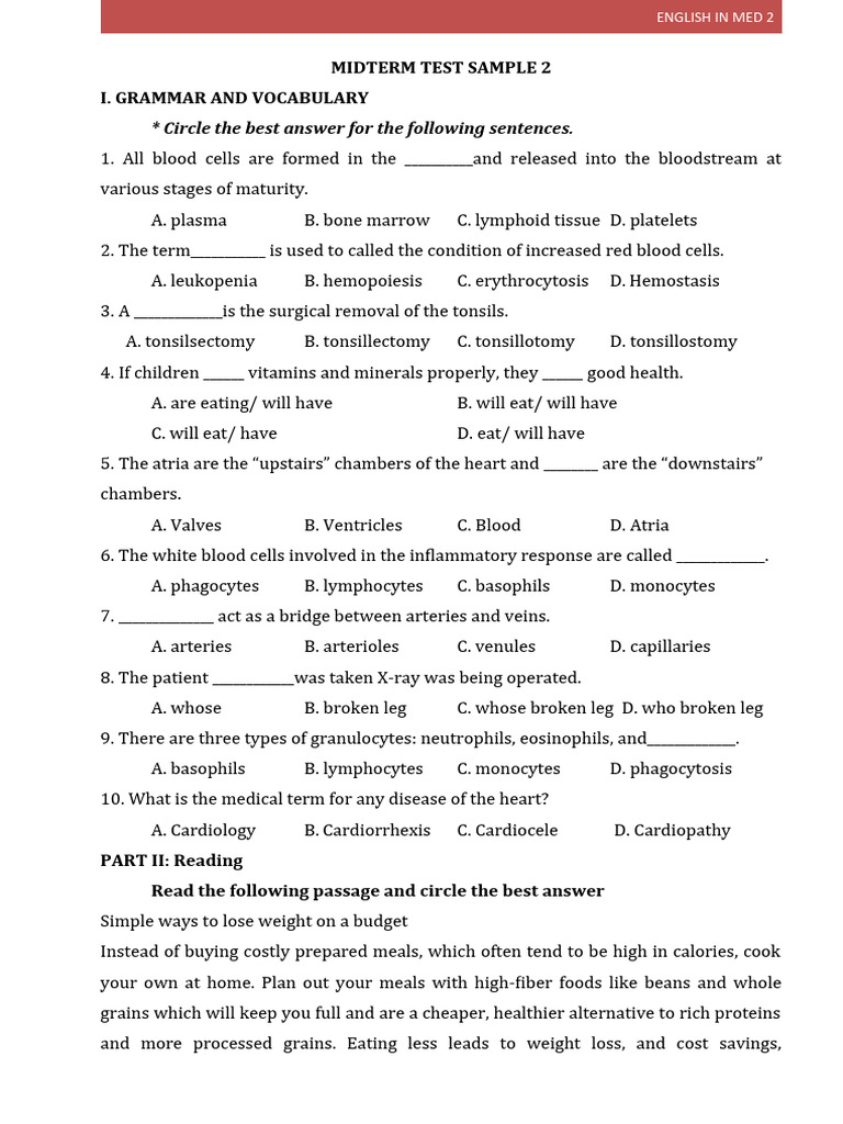 2nd Mid Term Test Sample | PDF | White Blood Cell | Immunology