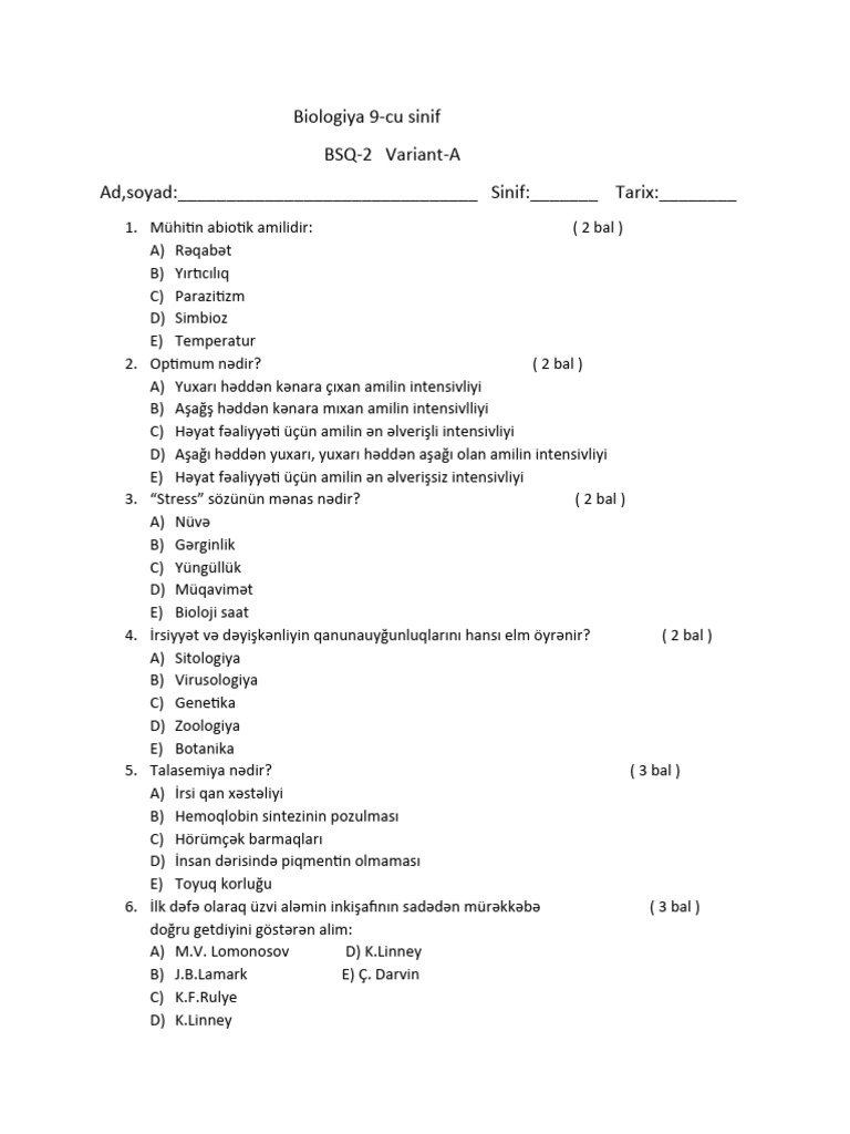 Biologiya9 BSQ-2 A Vatiantı | PDF