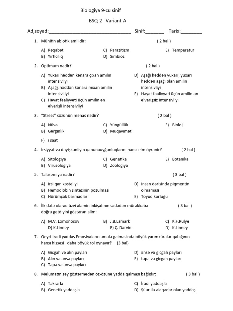 Biologiya9 BSQ-2 A vatiantı-1 | PDF