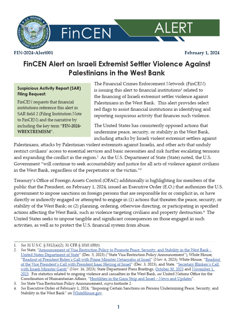FinCEN Alert On Israeli Extremist Settler Violence-1 | PDF