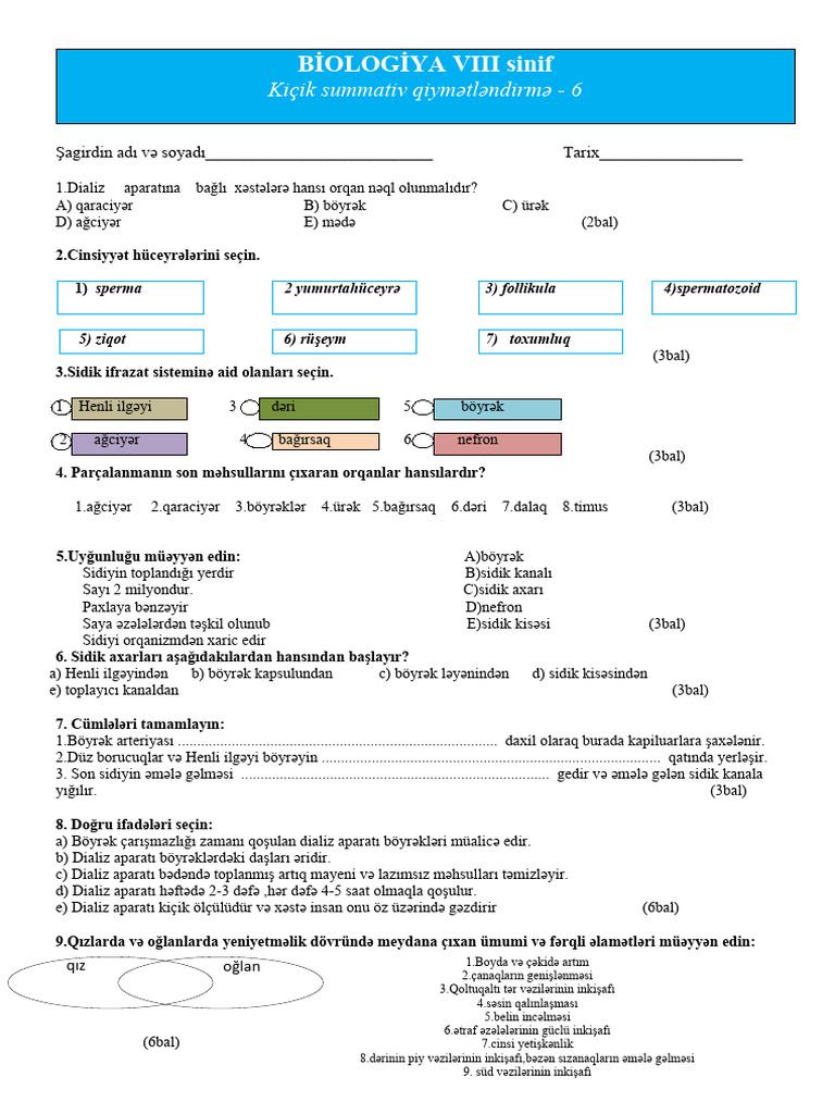 8ci Sinif KSQ 6 Bio | PDF