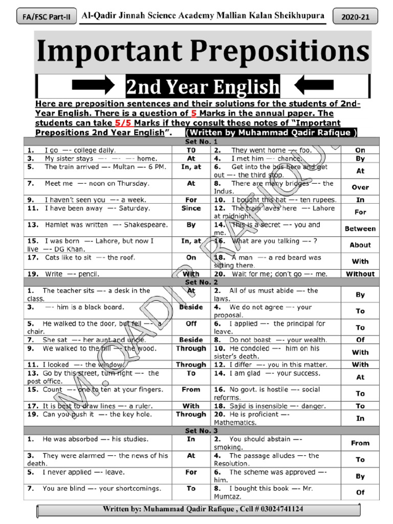 Preposition 2ND Year | PDF