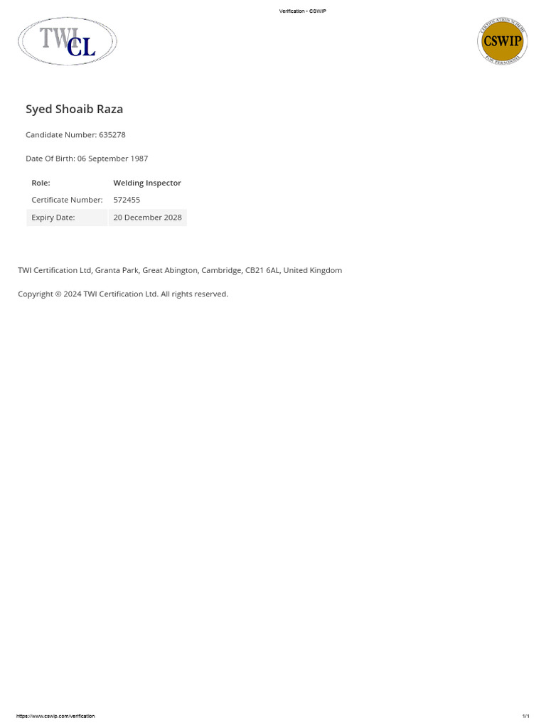 Verification - CSWIP 3.1 (572455) | PDF