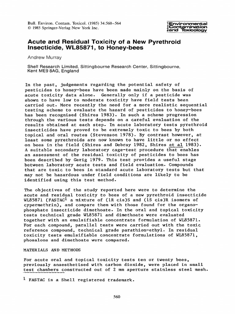 Acute and Residual Toxicity of A New Pyrethroid | PDF | Toxicity ...