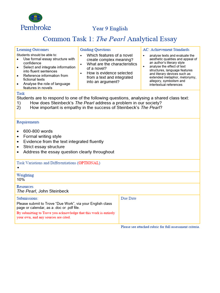 Year 9 Common Task 1 - The Pearl Analytical Essay | Download Free PDF ...