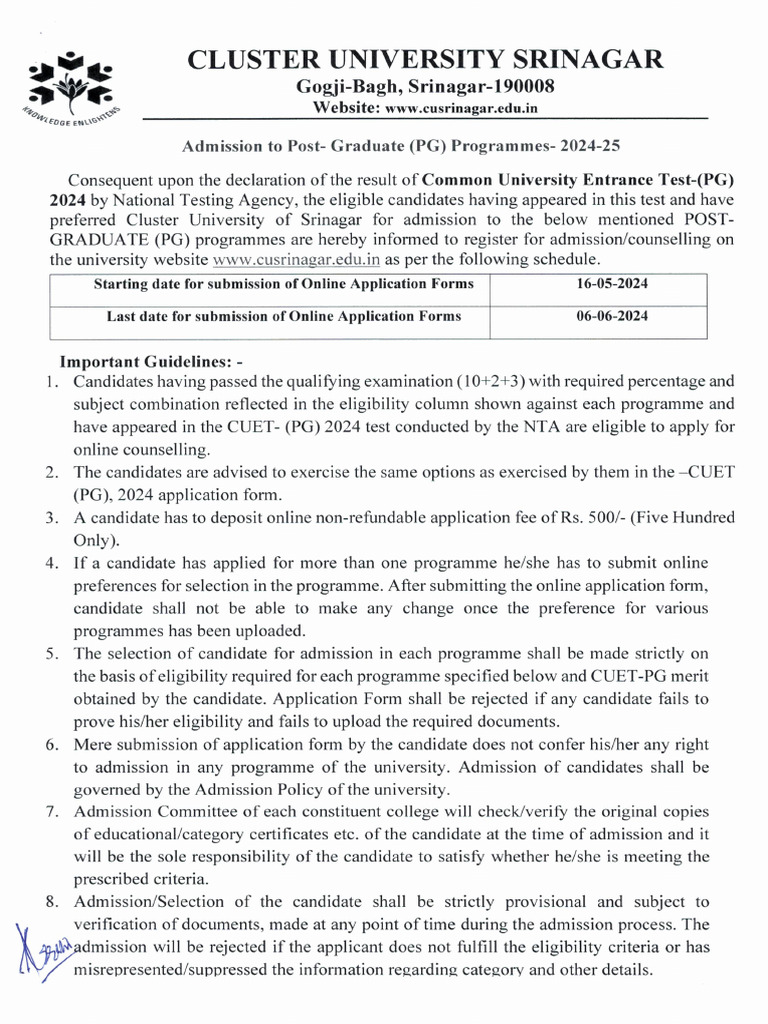 Admissionnotificationforpgprogrammes 202425 | PDF