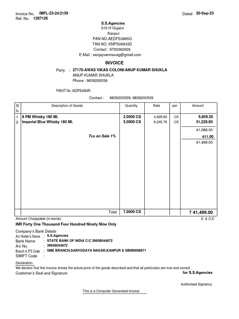Invoice: IMFL-23-24/2159 20-Sep-23 1287126 S.S.Agencies | PDF