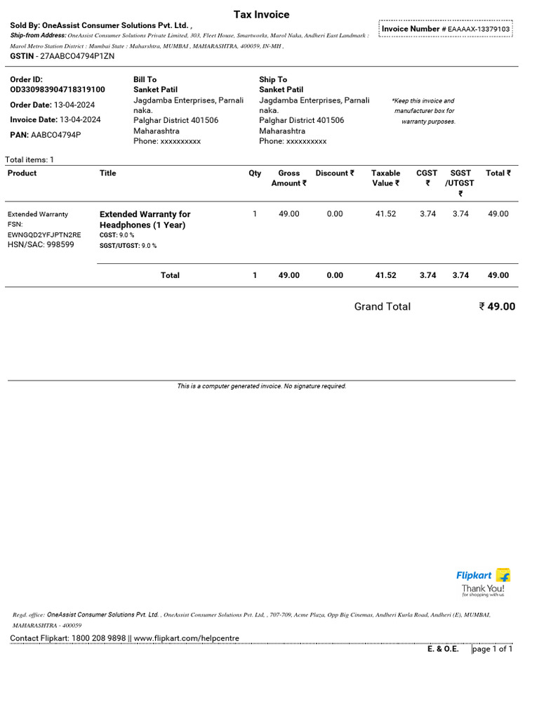Oneassist Invoice Pdf Payments Government Finances