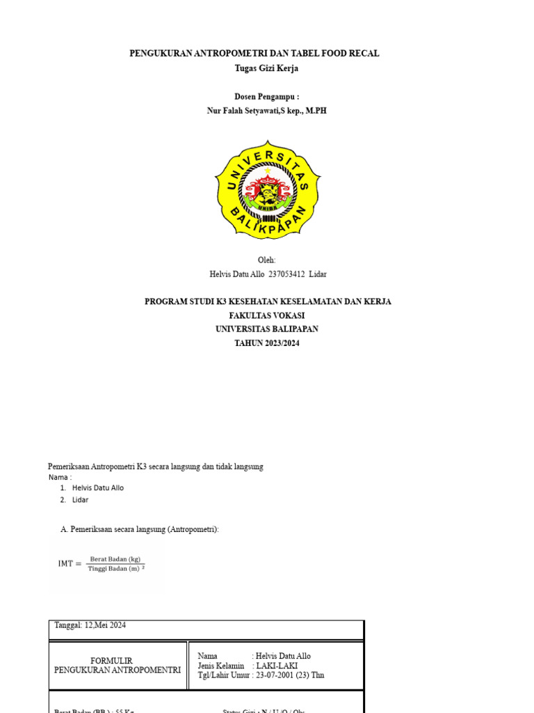 Pengukuran Antropometri dan FFQ Kel 7 | PDF