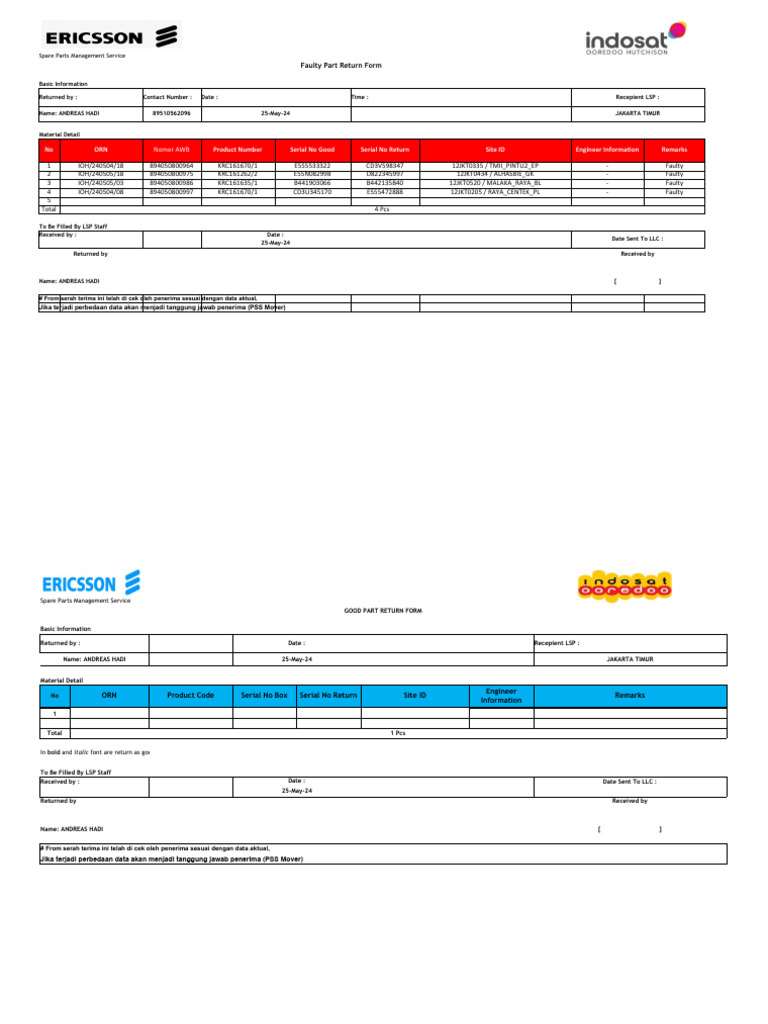Faulty Part Return Form Template | PDF