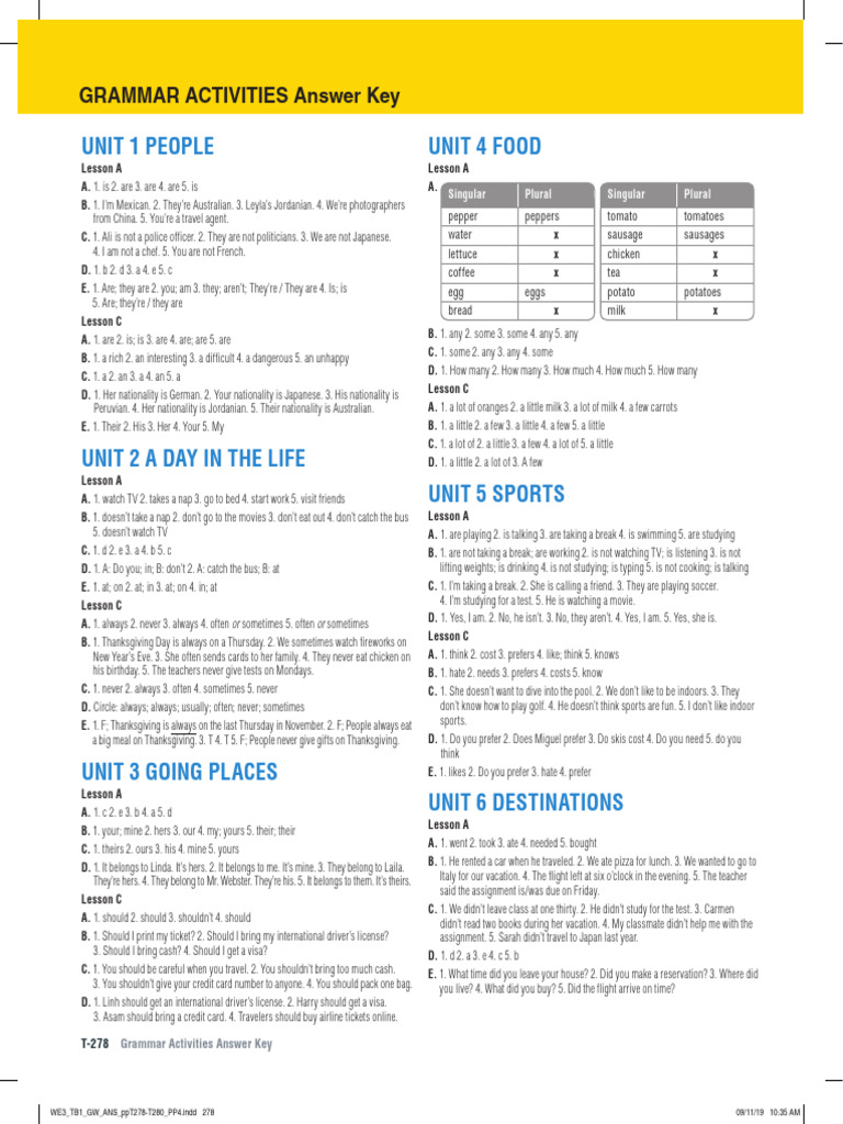 World English 3e Level 1 Grammar Activities Answer Key | PDF