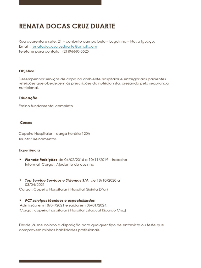 CV-Renata Docas Cruz Duarte | PDF | Bem-estar | Ciências e Matemática