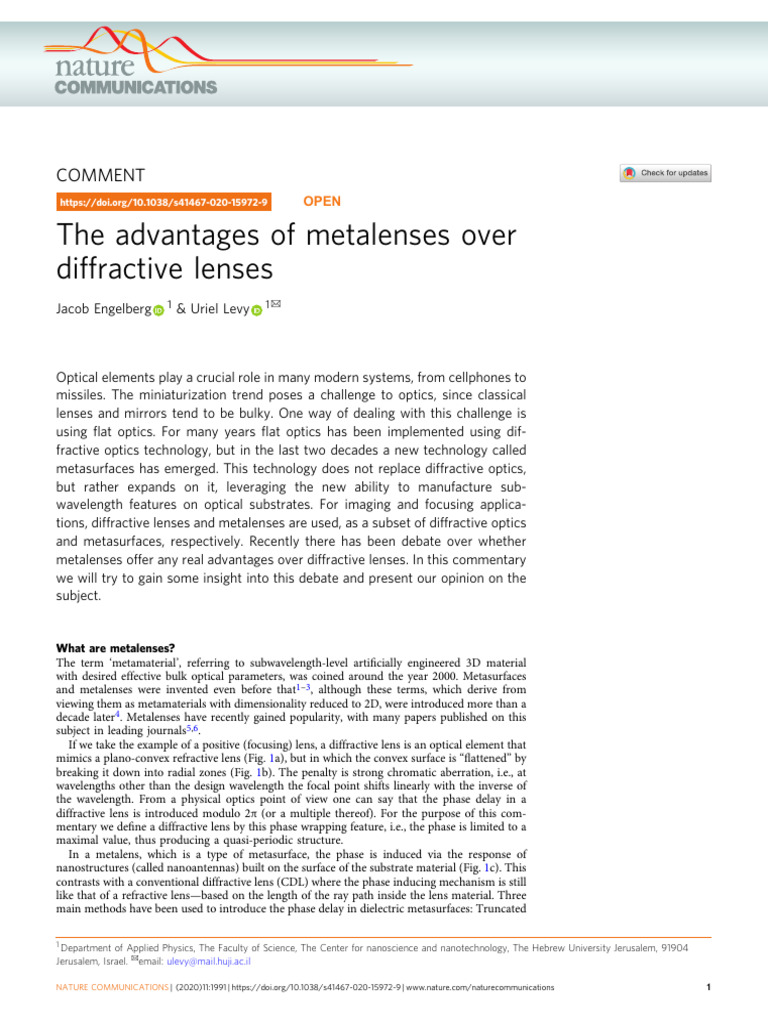 The Advantages of Metalenses Over Diffractive Lenses: Comment | PDF ...