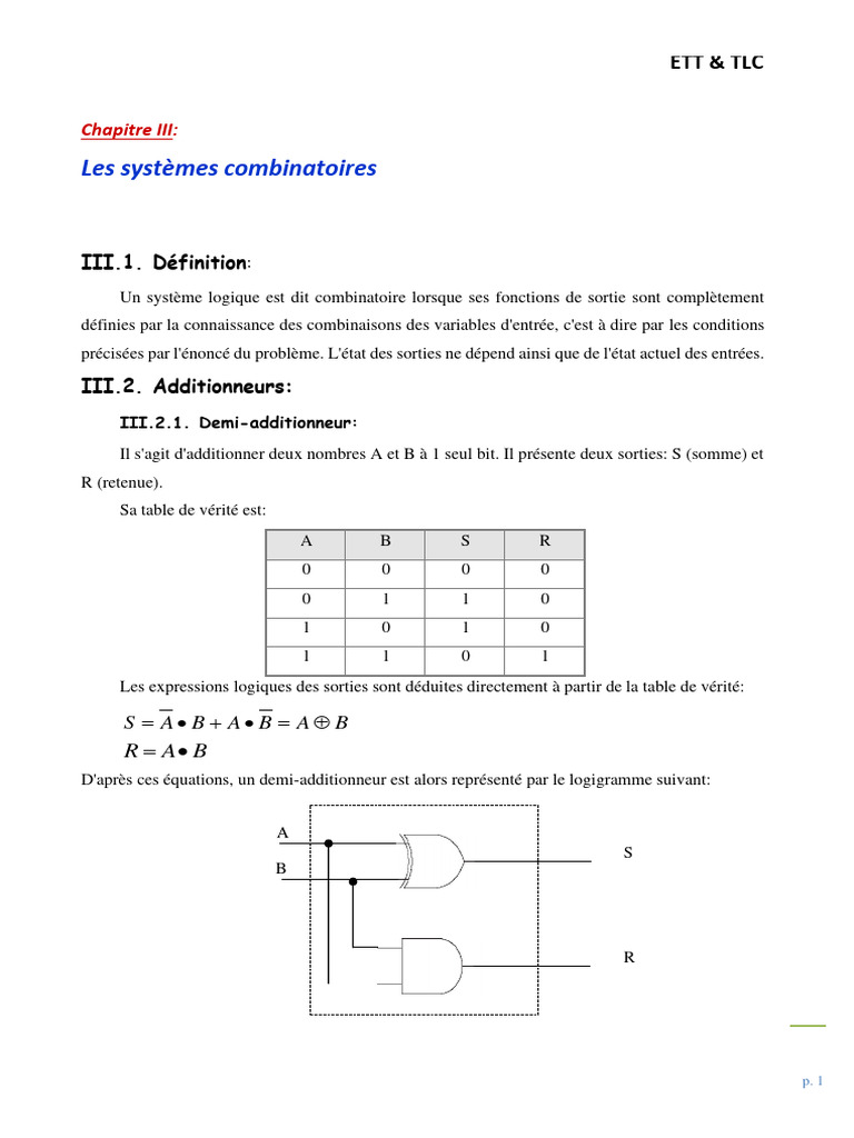 Systèmes Logiques : Soustracteurs et Additeurs | PDF | Multiplexage ...