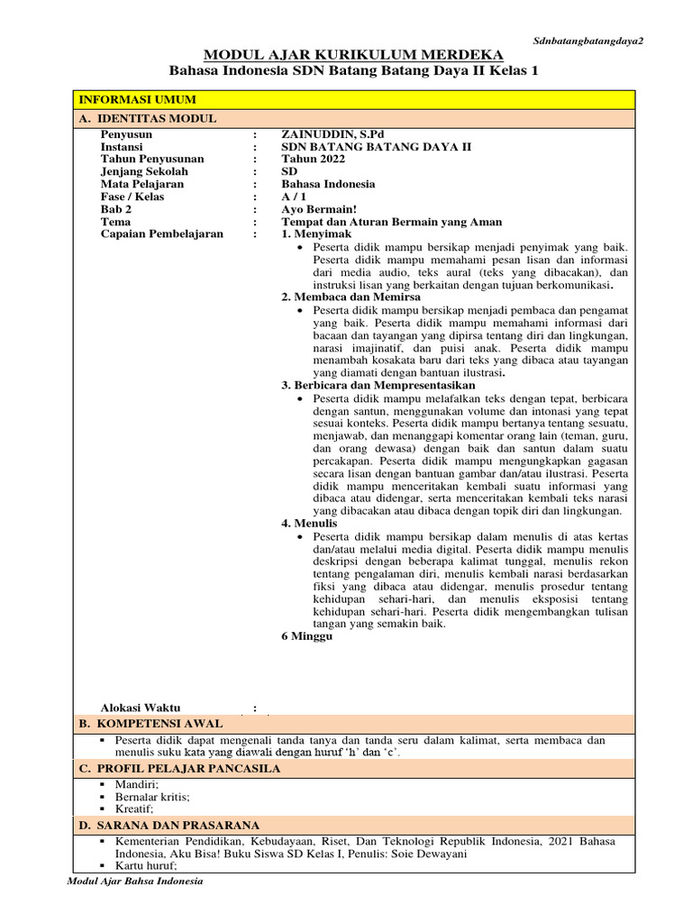 Modul Ajar Kurikulum Merdeka Bahasa Indonesia SDN Batang Batang Daya II ...